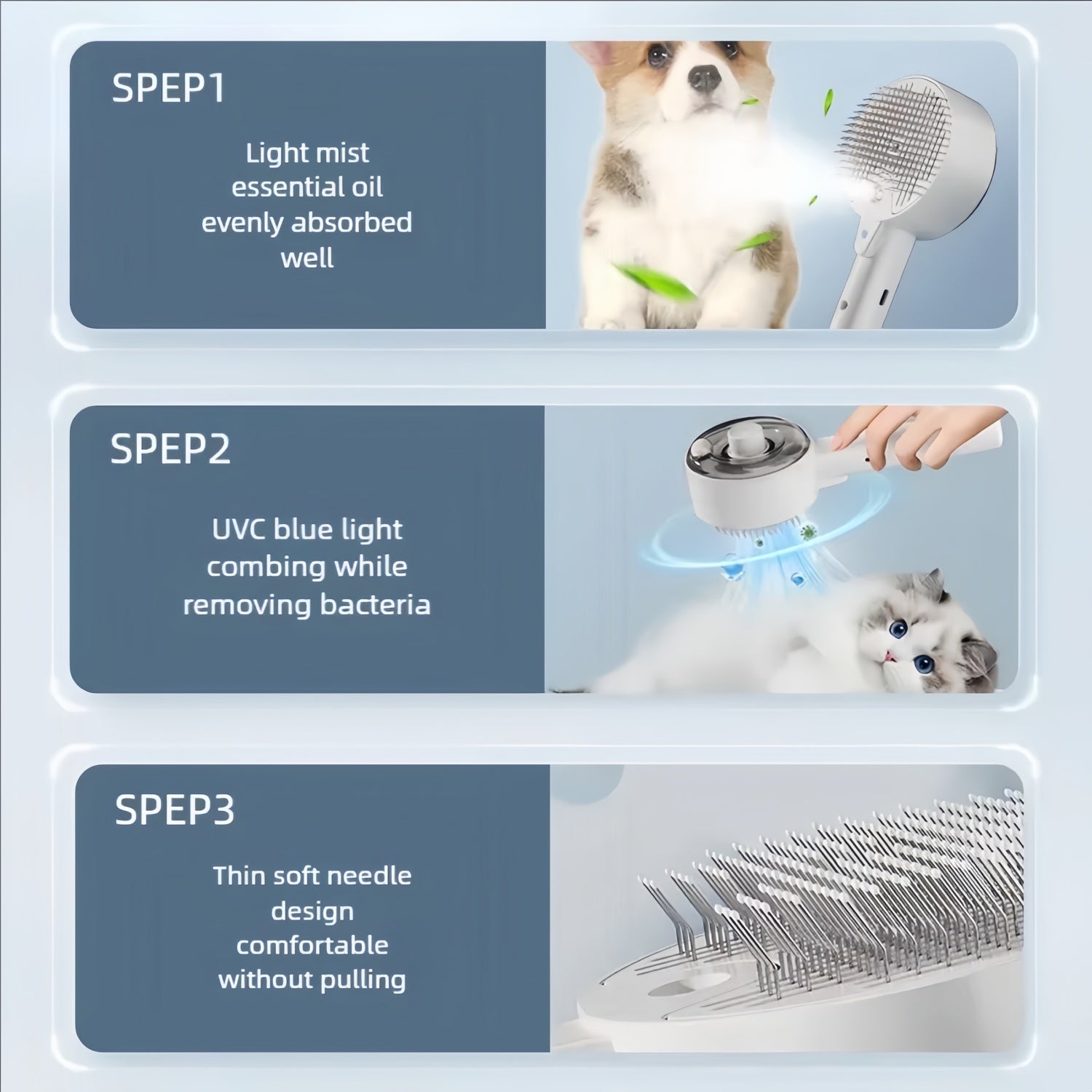 UV Sterilization Pet Comb with Antibacterial Spray, Detangling Soft Ne ...